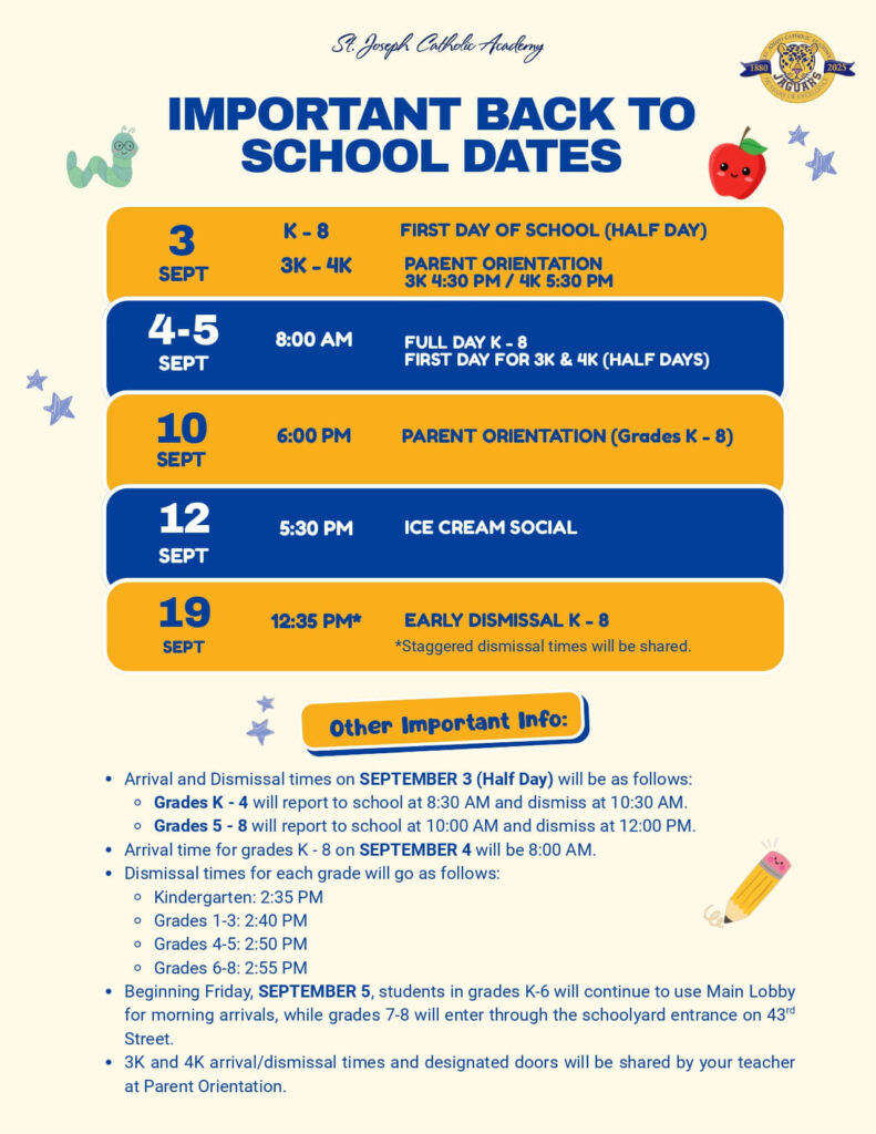 Important Back to School Dates | St. Joseph Catholic Academy